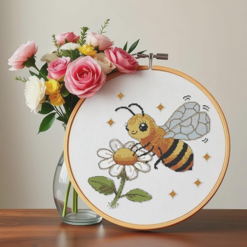 Bee and Daisy Cross Stitch Pattern – Floral Embroidery (digital PDF) - Etsy