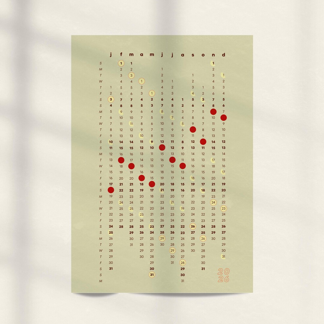 2026 Lunar A1 Wall Calendar Poster | Year at a Glance Moon Phase ...