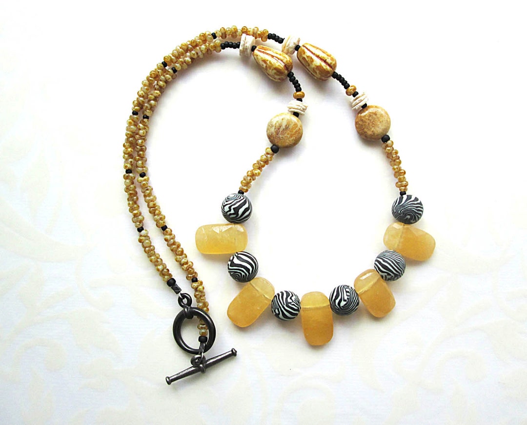 Mustard Necklace, Black Beaded Necklace, Beadwork, Single Strand ...