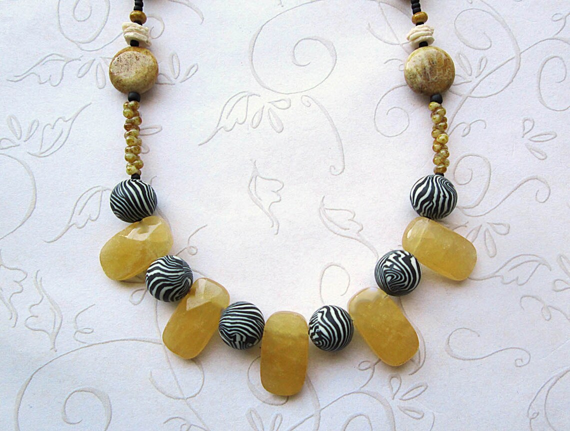 Mustard Necklace, Black Beaded Necklace, Beadwork, Single Strand ...