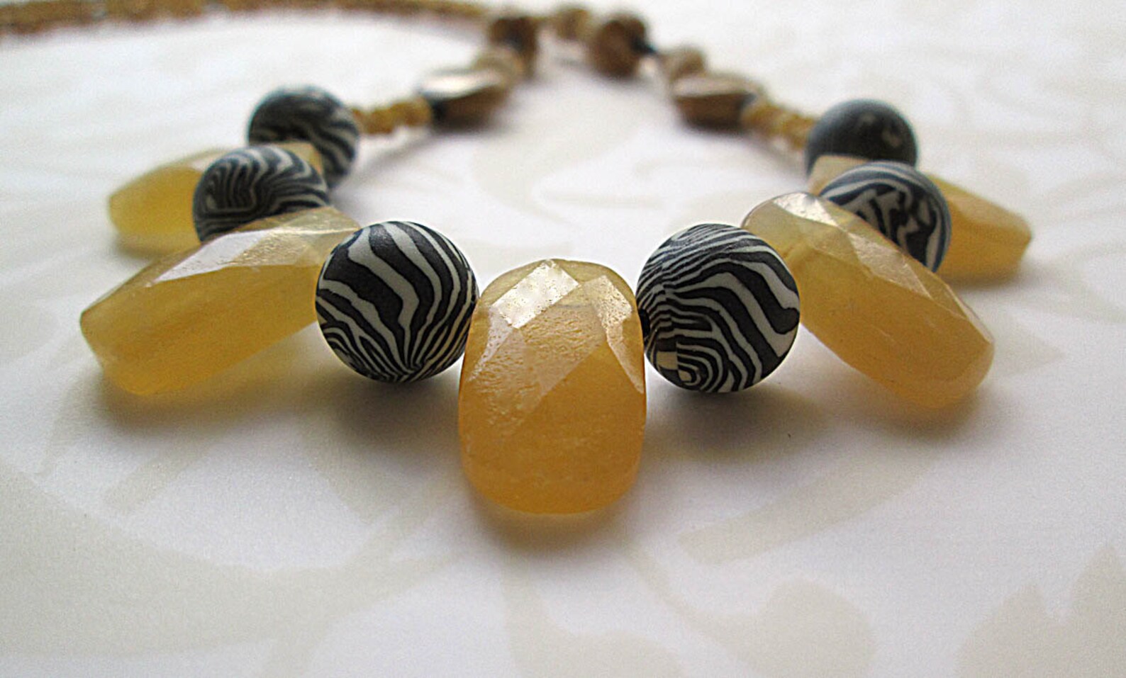 Mustard Necklace, Black Beaded Necklace, Beadwork, Single Strand ...