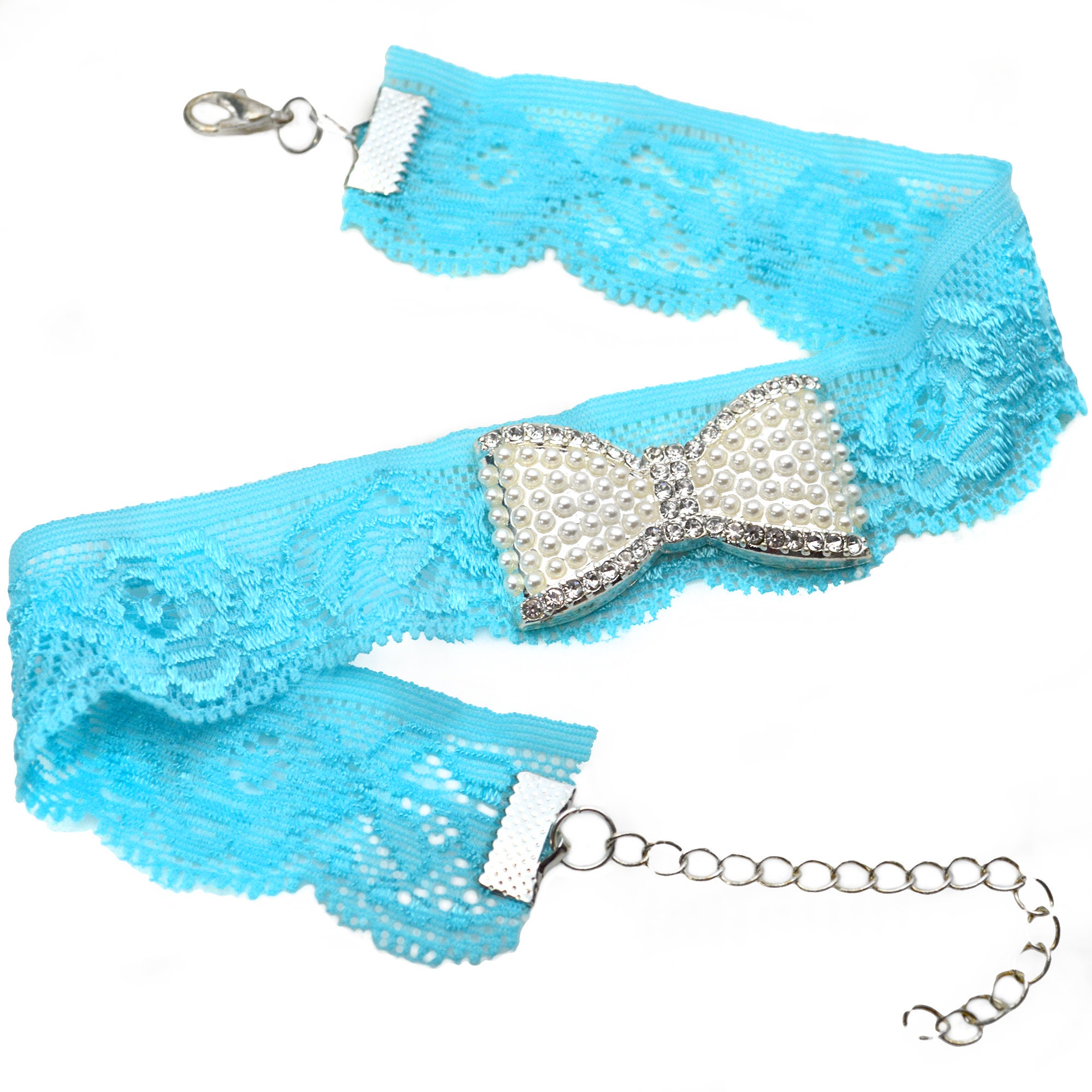 Put a Bow on It Stretchy Lace Blue Stretchy Choker With a Sparkling ...