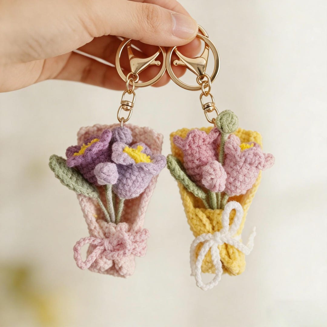 Crochet Flower Keychain, Mini Crochet Bouquet Keyring, Handmade Floral ...