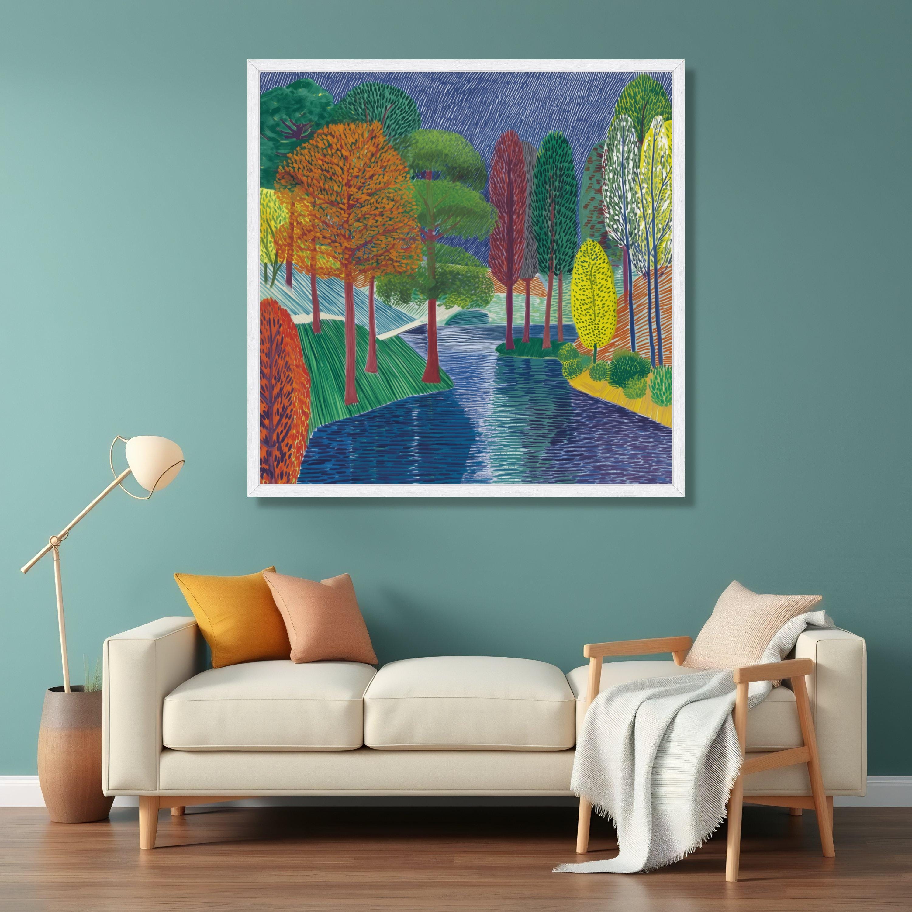 David Hockney Style Autumn Landscape Canvas: Modern River Wall Art - Etsy