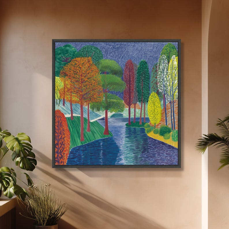 David Hockney Style Autumn Landscape Canvas: Modern River Wall Art - Etsy