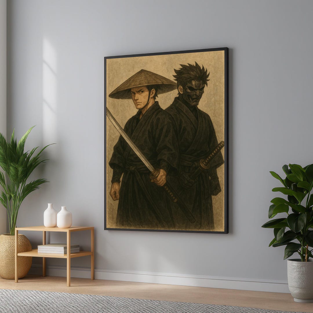 Samurai Warrior & Oni Mask Canvas Art: Japanese Sword, Dark Fantasy ...
