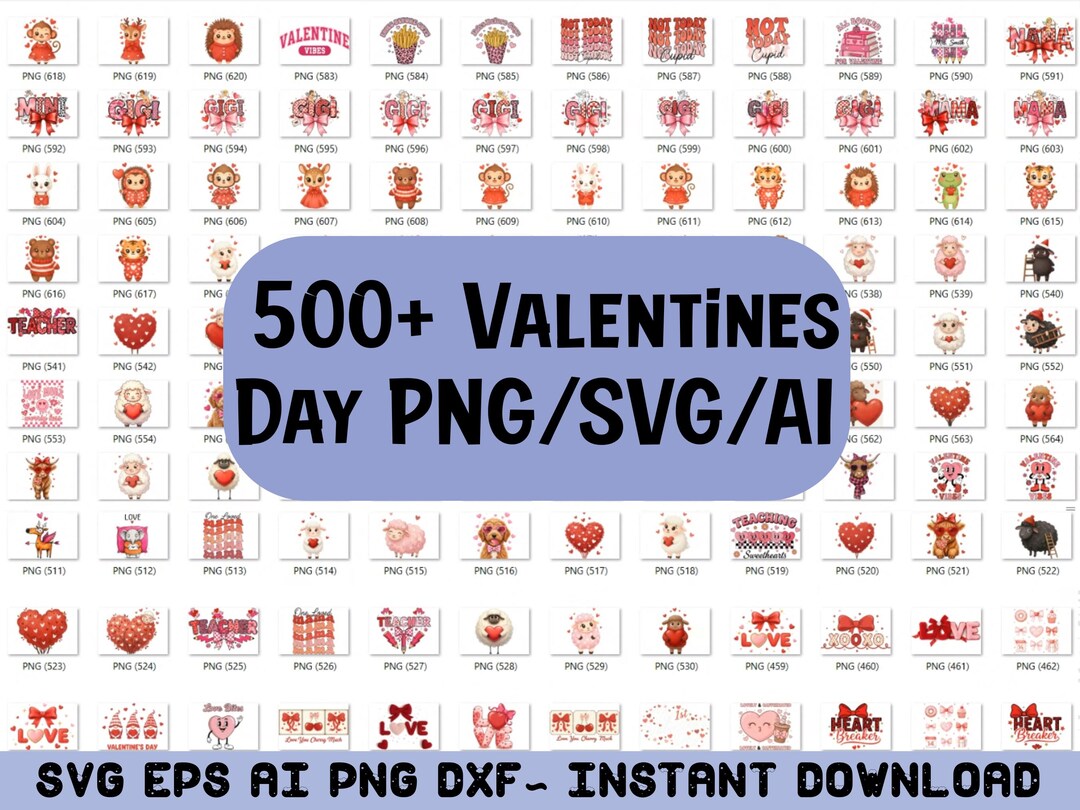Mega 500+ Valentines Day PNG SVG Bundle, Valentine Clipart Pack, Cute ...