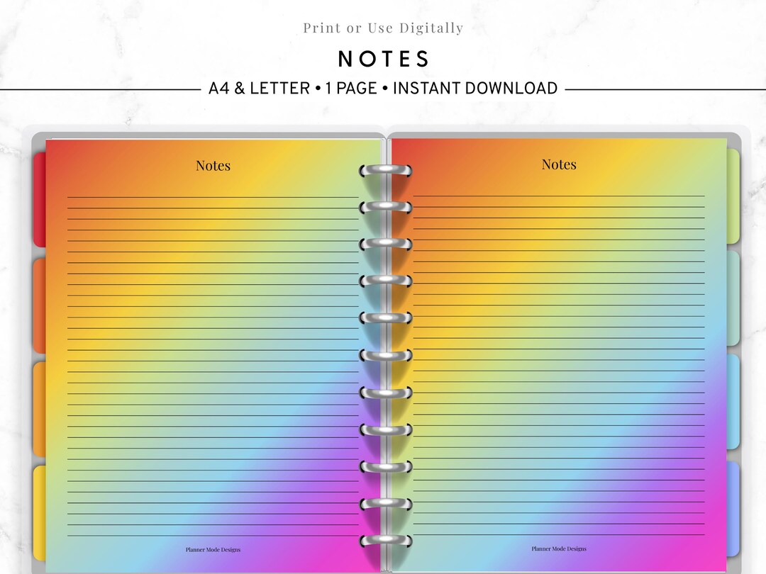 Rainbow Notes Printable, Colorful Note Page PDF, Lined Paper, Digital ...