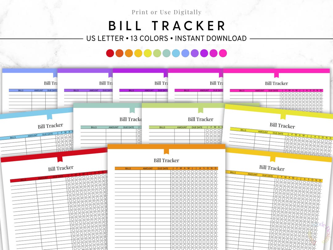 Rainbow Bill Tracker Printable, Monthly Budget Planner, Bright Color ...