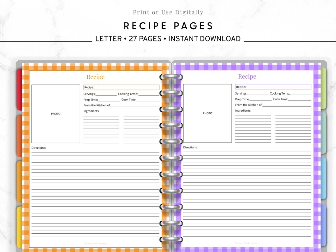 Recipe Binder Printable, Digital Recipe Organizer, Meal Planner Pages ...