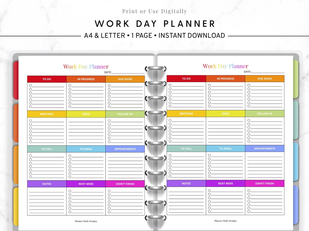 Work Day Planner Printable, Daily Work Organizer PDF, Productivity ...
