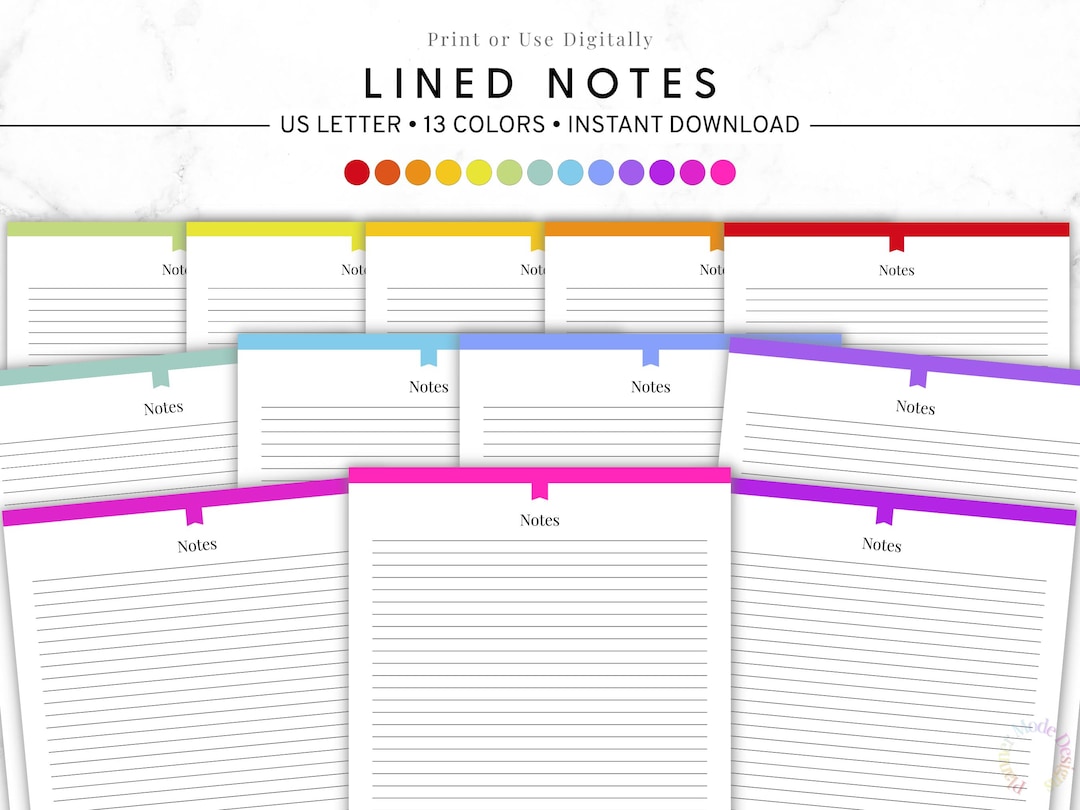 Lined Notes Printable, Ruled Paper PDF, Notebook Page Template, Study ...