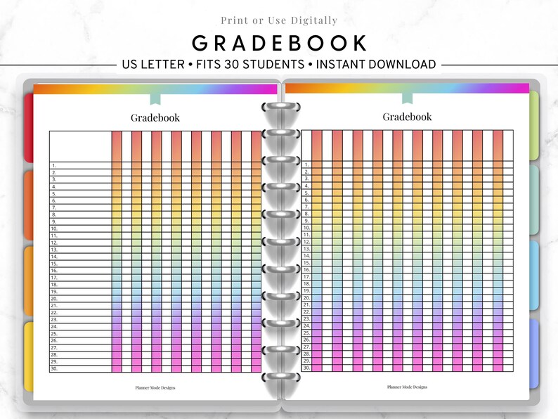 Printable Gradebook, Grading Template, Rainbow Gradebook, Gradebook for ...