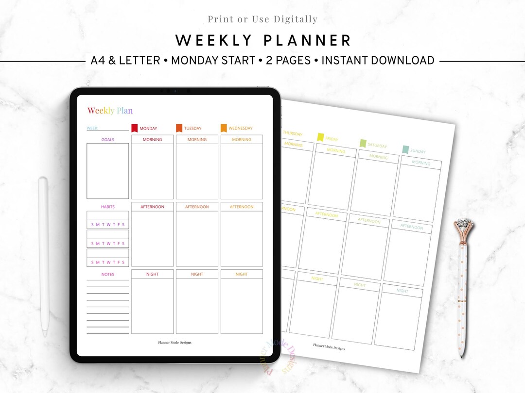 Weekly Planner 2 Page Spread Printable, Meal Plan, Teacher Planner ...