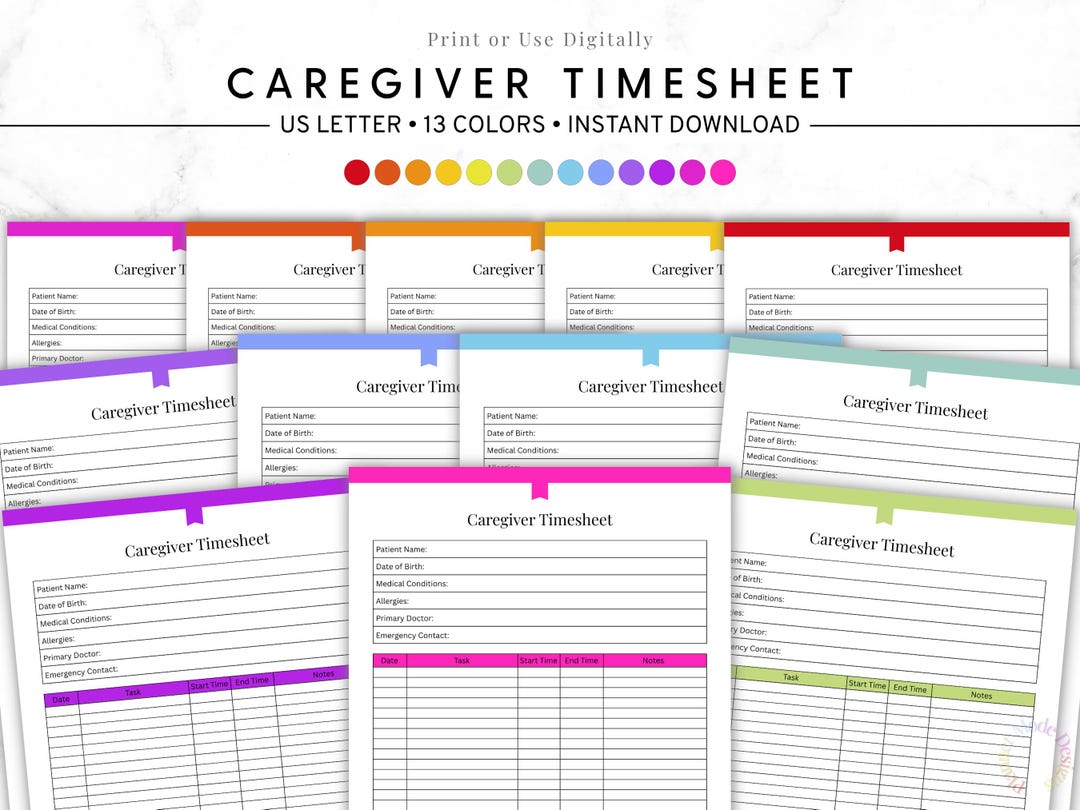 Caregiver Timesheet, Home Care Work Log, Patient Care Hours Tracker ...