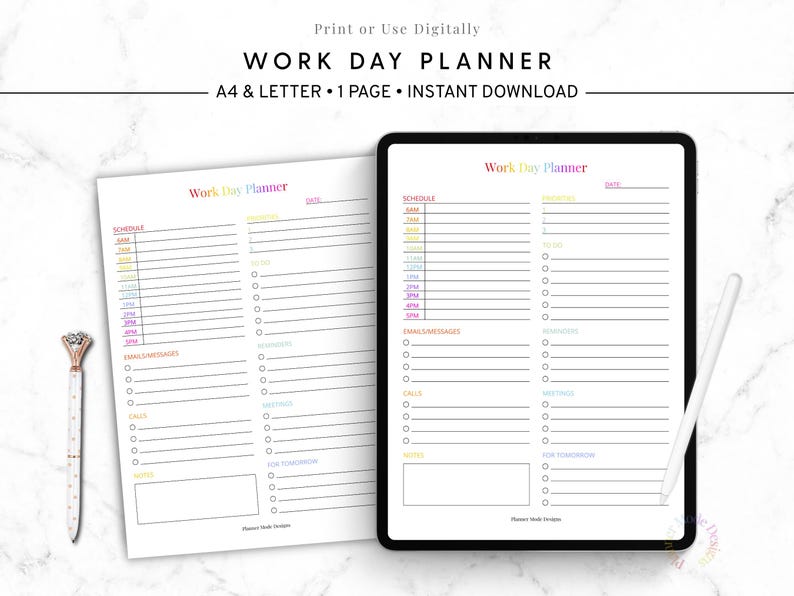 Work Day Printable Planner, Daily Work Schedule Template, Productivity ...