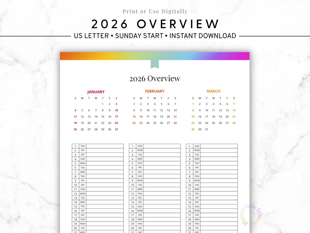 2026 Year at A Glance Printable, Perpetual Calendar, Sunday Start ...