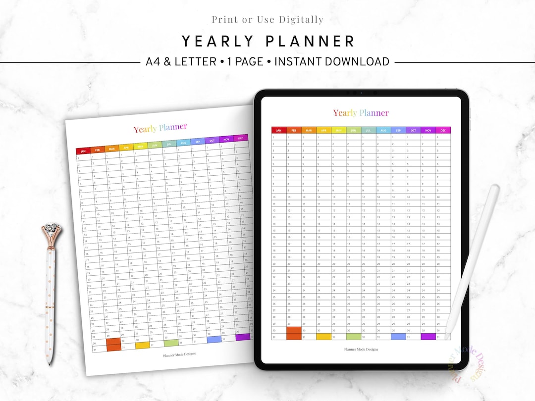 Perpetual Yearly Calendar Printable, Undated Year at a Glance Planner ...