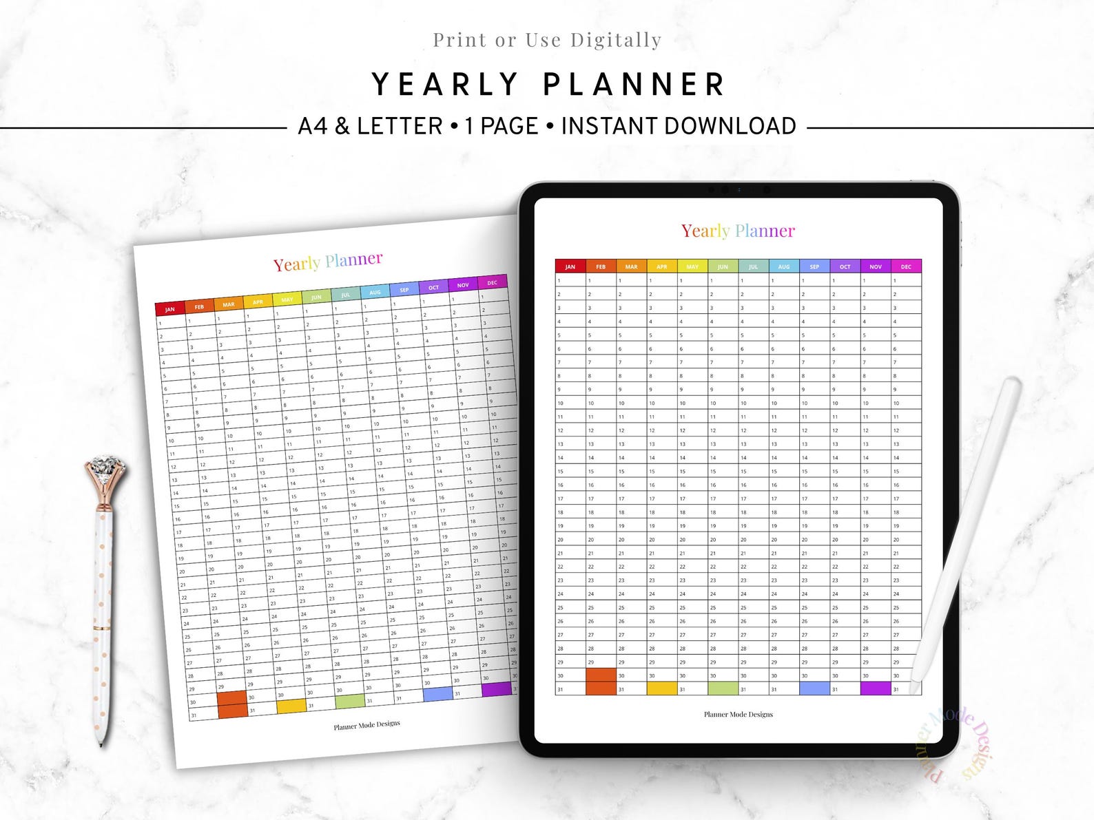 Perpetual Yearly Calendar Printable, Undated Year at a Glance Planner ...