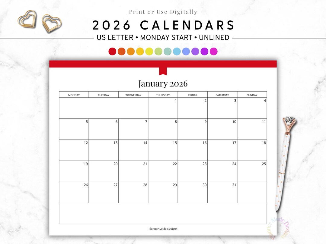 2026 Printable Calendar, 12 Month Digital Calendar, 8.5 X 11 Landscape ...
