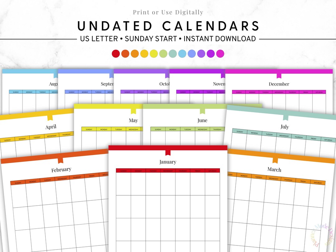 Colorful Undated Calendar Printable, Sunday Start Calendar, Bright ...