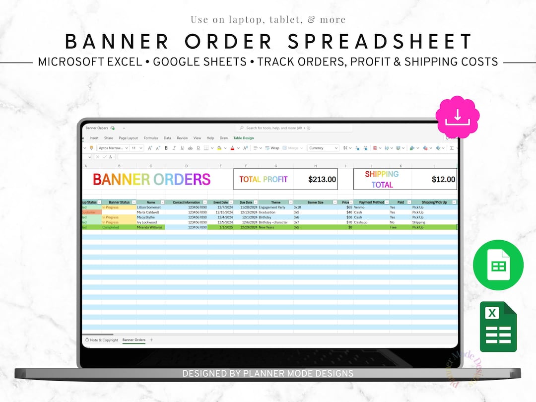 Banner Order Tracker, Spreadsheet for Banner Business, Hand Painted ...