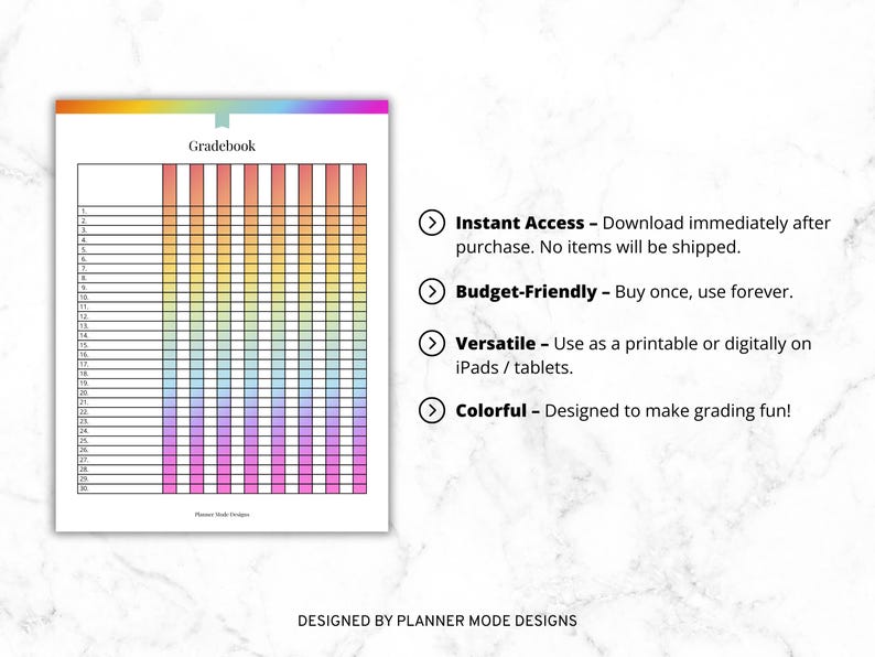 Printable Gradebook, Grading Template, Rainbow Gradebook, Gradebook for ...