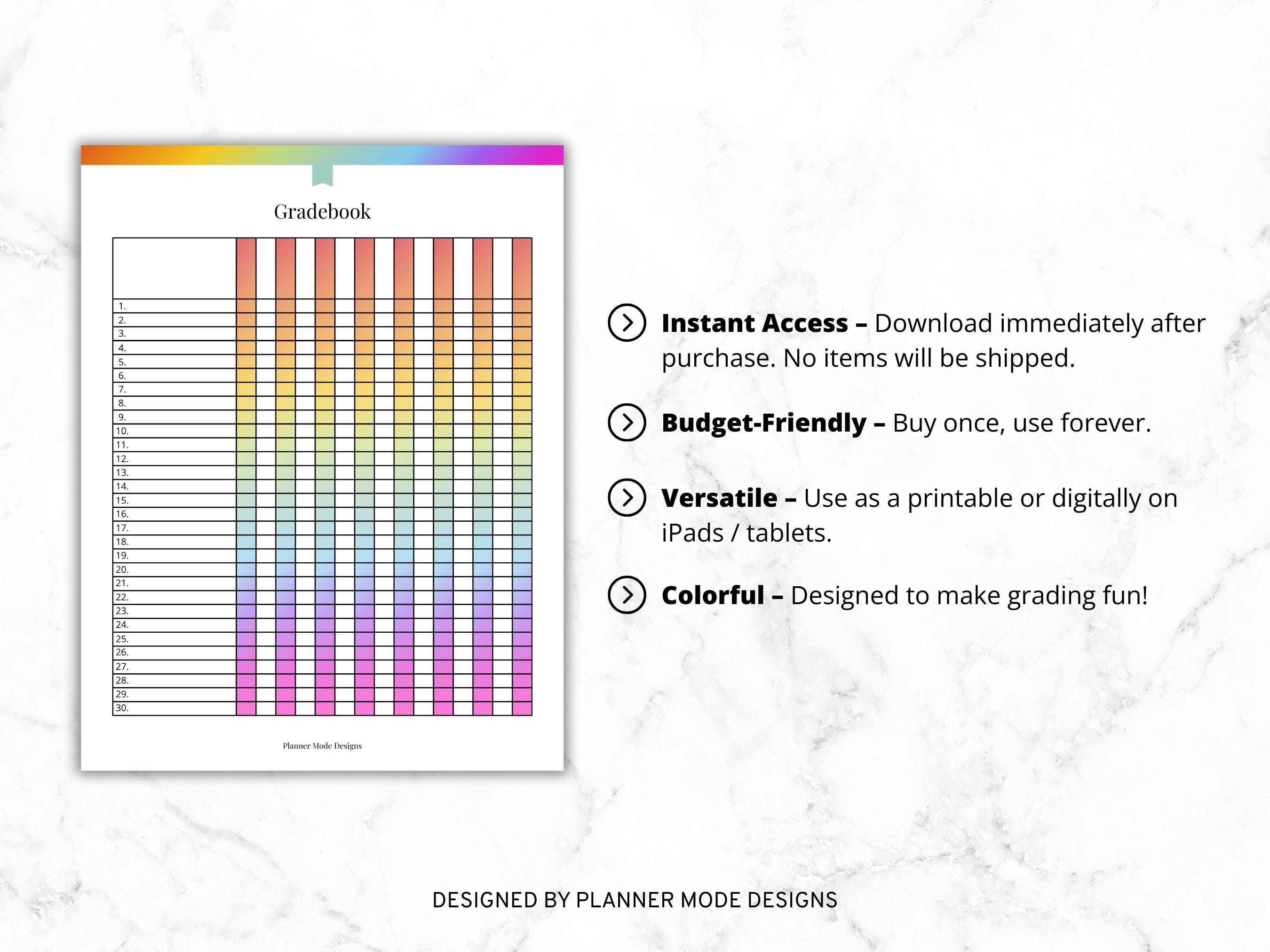 Printable Gradebook, Grading Template, Rainbow Gradebook, Gradebook for ...