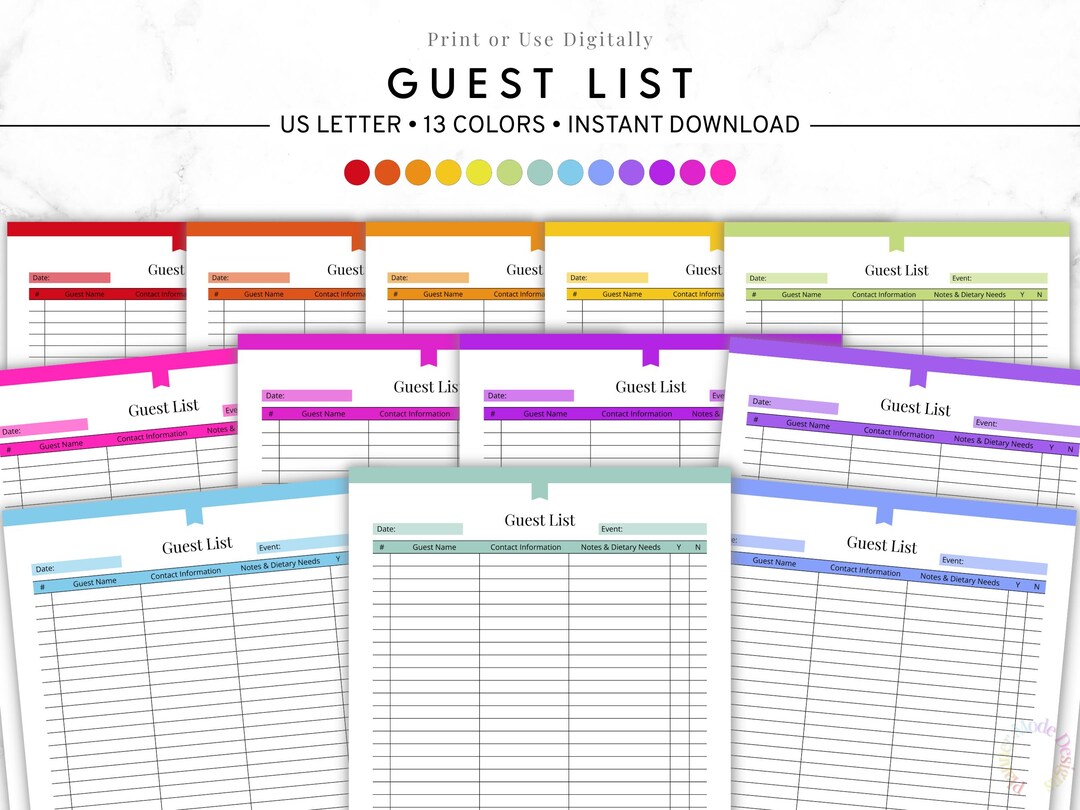 Guest List Tracker, Party Attendance, Digital Guest Log, Printable RSVP ...