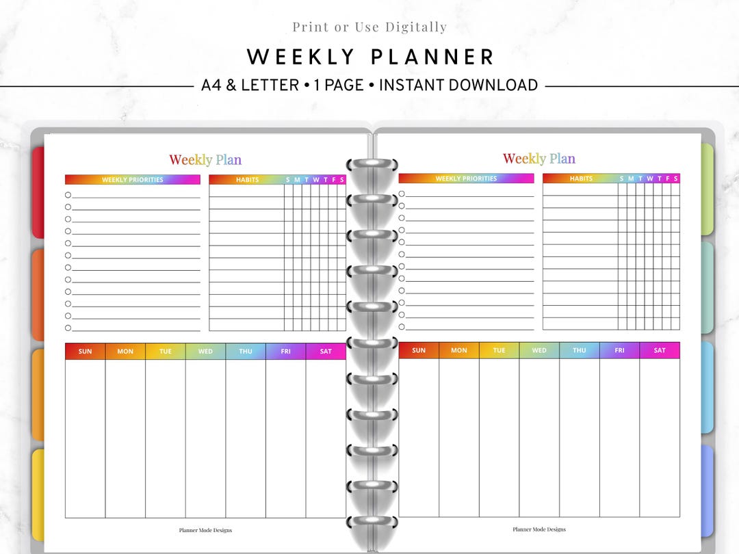 Weekly Planner Printable, Undated Weekly Schedule, Minimalist Weekly ...