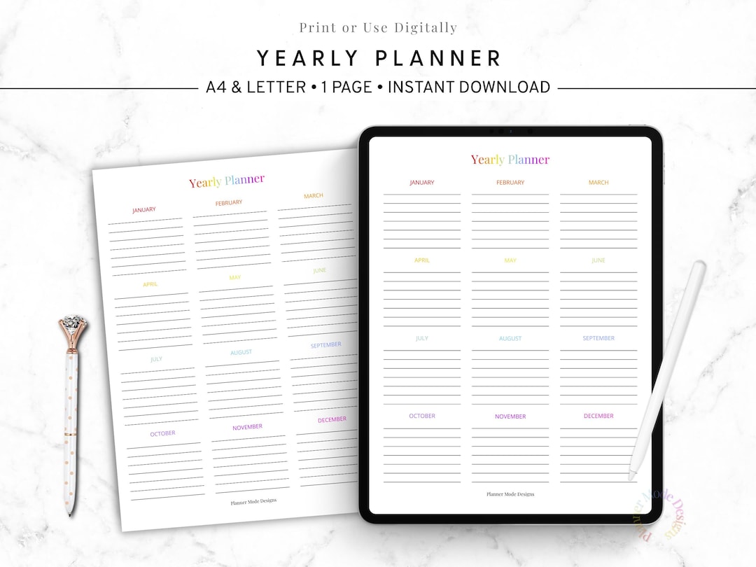Yearly Planner With Lined Notes, Printable Year at a Glance, Note ...