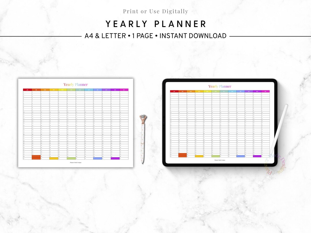 Perpetual Yearly Calendar Printable, Undated Yearly Planner, Digital ...