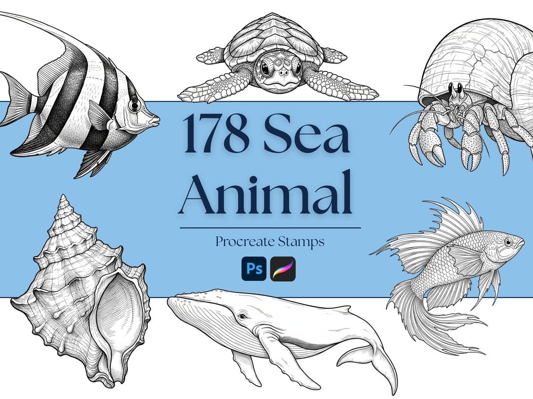 178 Sea Animal Stamp Brushes for Procreate, Photoshop & Photopea ...
