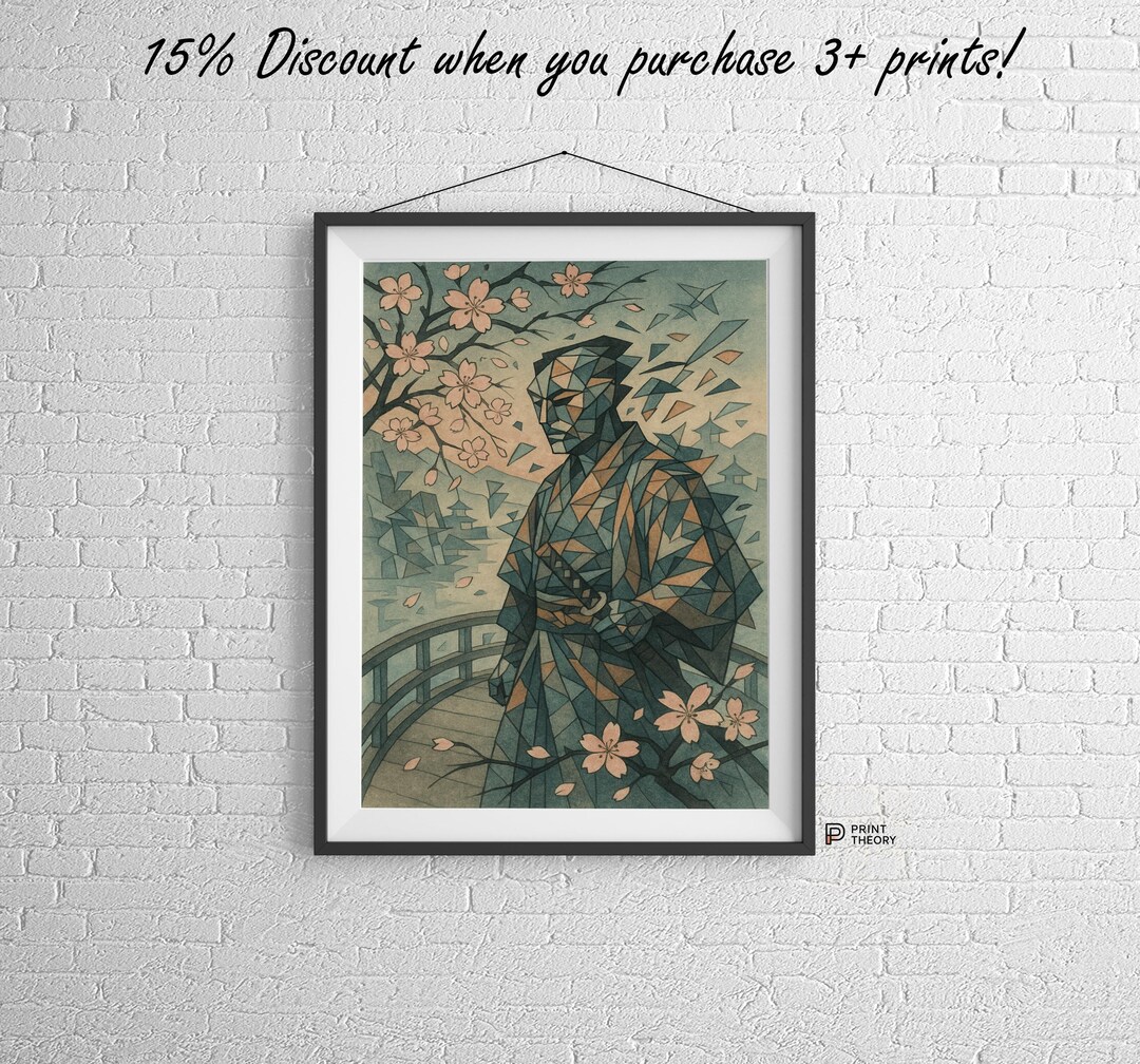 Geometric Samurai Wall Art Print Japanese Warrior With Sakura Blossoms ...