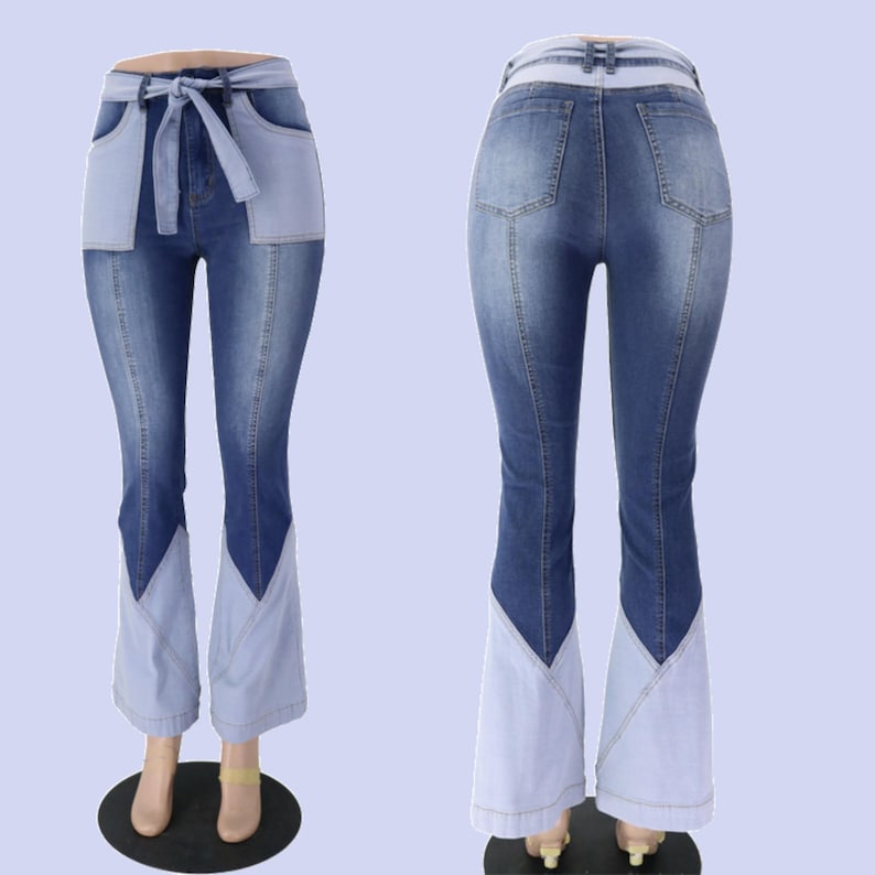 Boho Patchwork Bell Bottom Jeans for Women, High Waist Denim Flared ...
