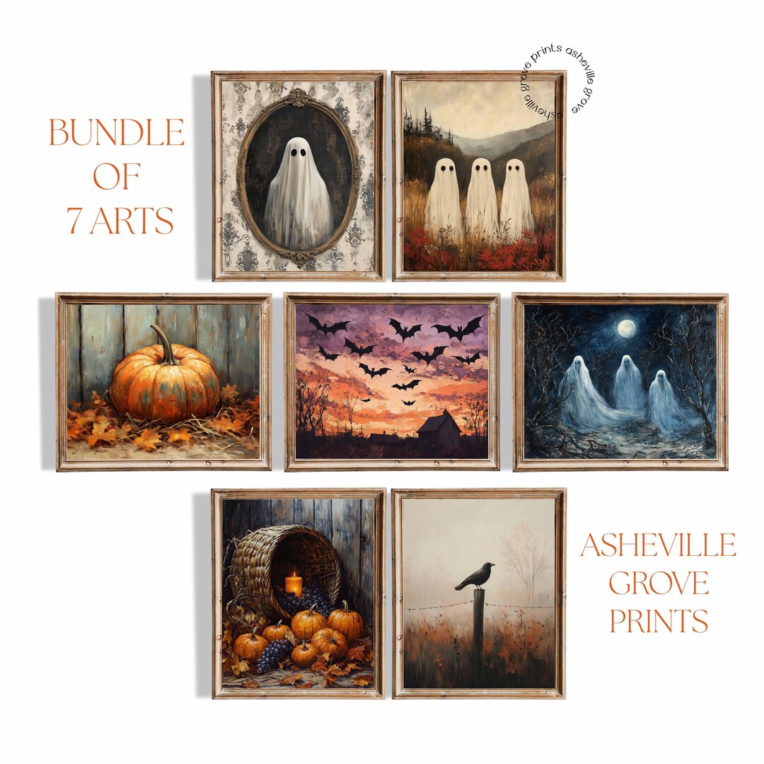 Spooky Halloween Printable Wall Art Set of 7, Ghosts and Pumpkins ...