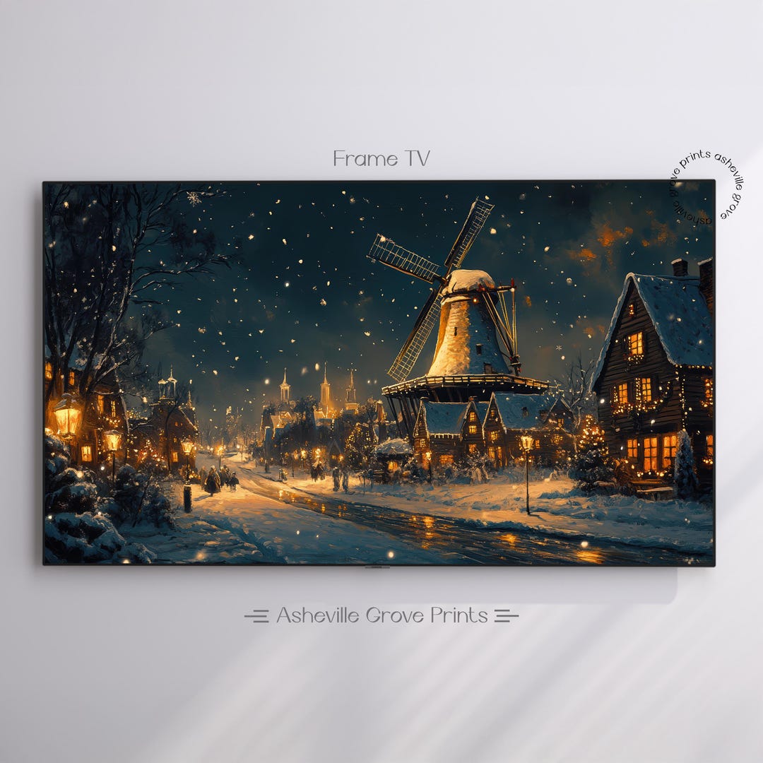 Snowy Village Windmill Frame TV Art, Rustic Christmas Night Village ...