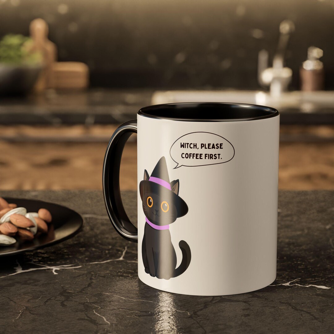 Halloween Cat Mug, Black Cat With Witch Hat, Funny Cat Mug, Colorful ...
