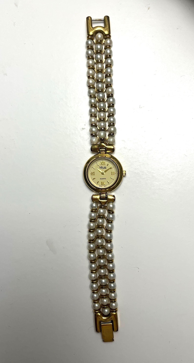 Vintage Misaki Swiss Quartz Watch: Mother of Pearl Dial, Glass Pearl ...