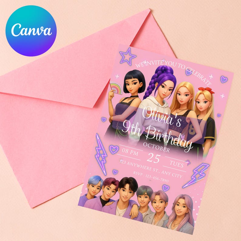 Editable Kpop Birthday Invitation | Anime Party Canva Template ...