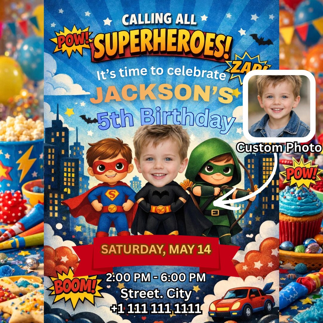 Custom Superhero Birthday Invitation With Photo, Personalized Kids ...