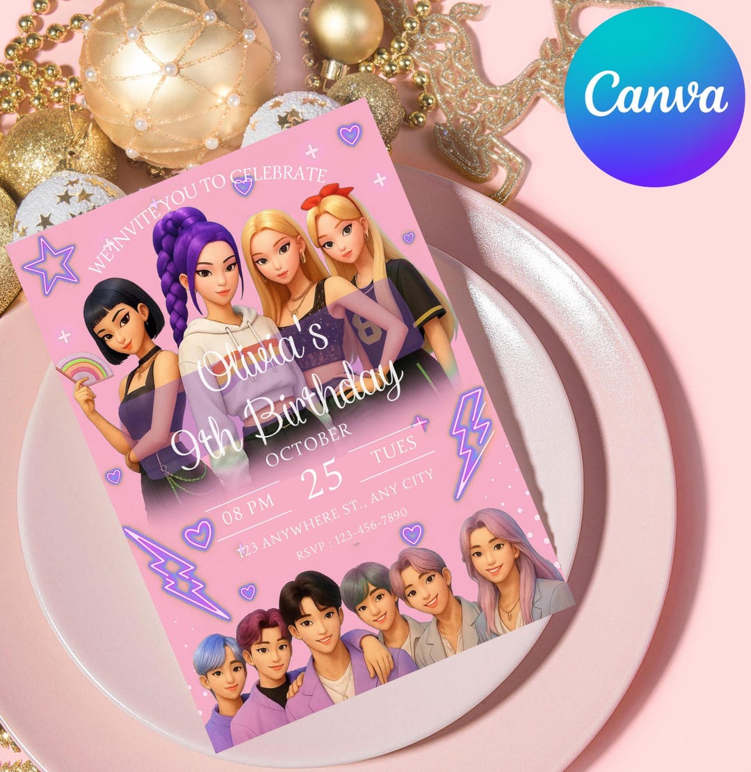 Editable Kpop Birthday Invitation | Anime Party Canva Template ...