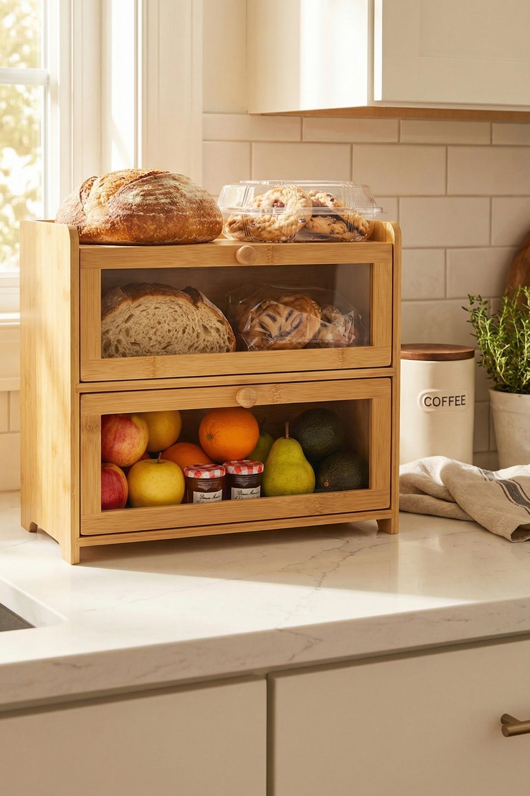 Countertop Bread Box With Clear Drawers Keeps Loaves, Bagels, and ...