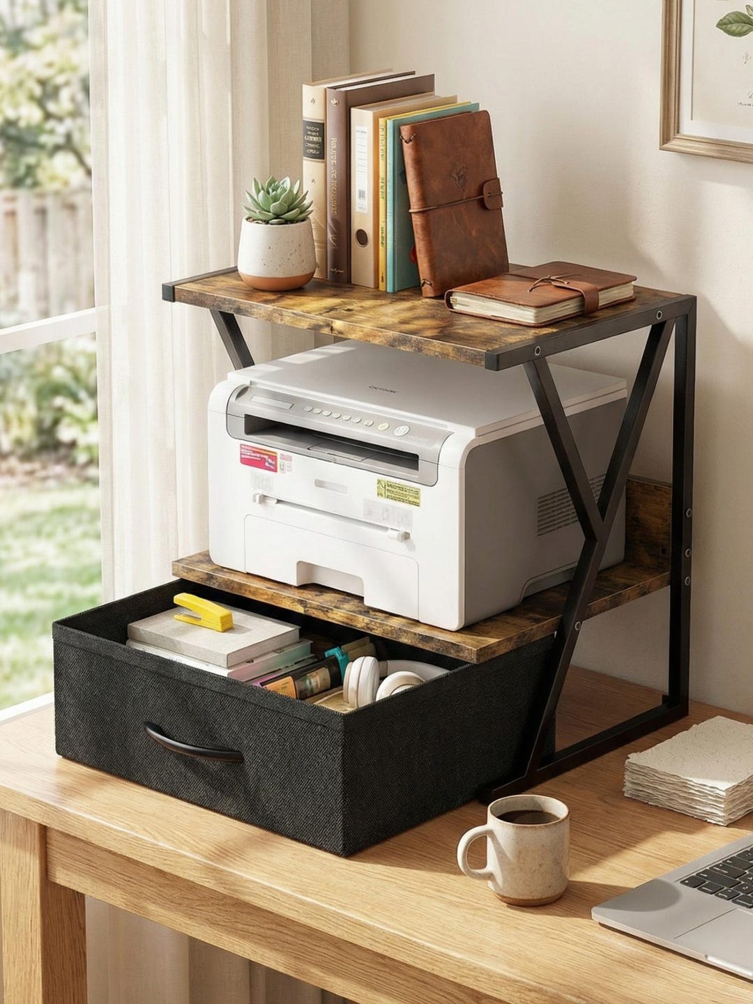 Rustic Printer Stand With Fabric Drawer, 2-tier Desk Organizer - Etsy