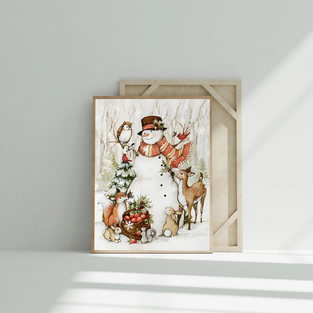 Snowman & Forest Animals Winter Art Print: Cozy Holiday Decor (digital ...