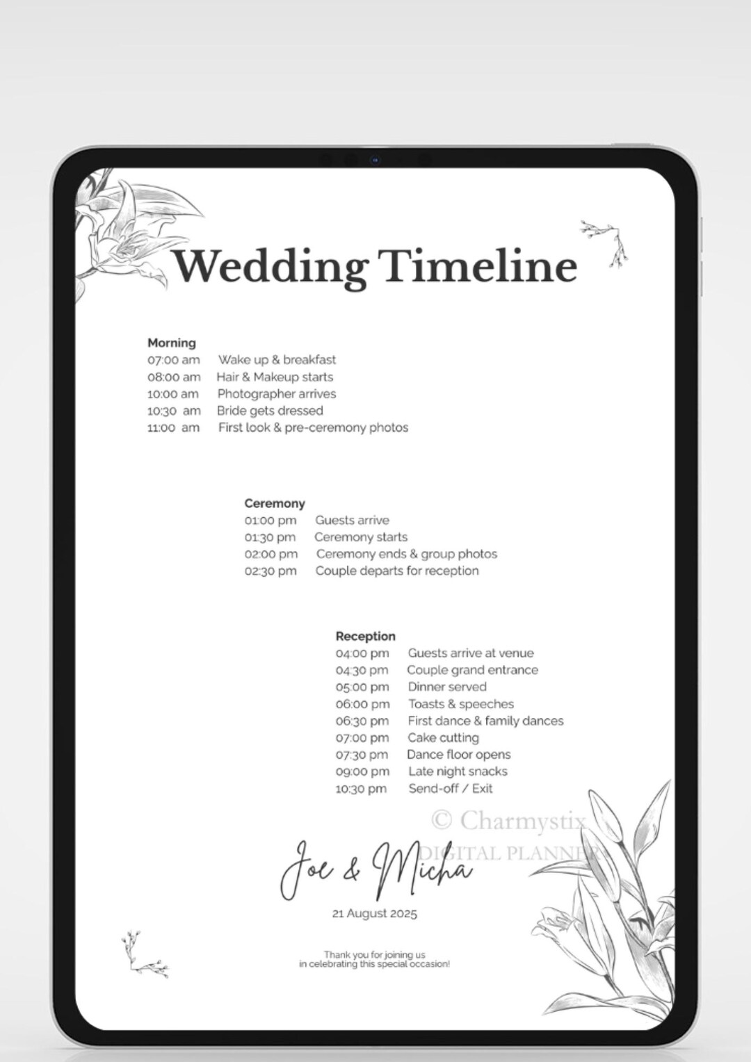 Wedding Timeline Template 6 Color | Minimalist Printable Wedding ...