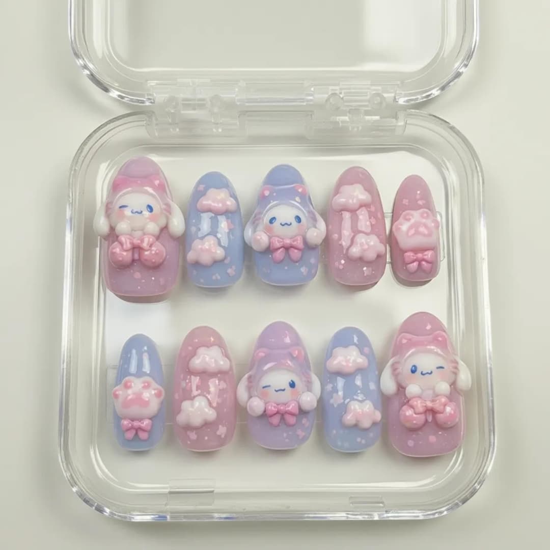 Kawaii Pastel Pink Blue 3D Nails With Bow & Cloud, Cute Fake Nails - Etsy