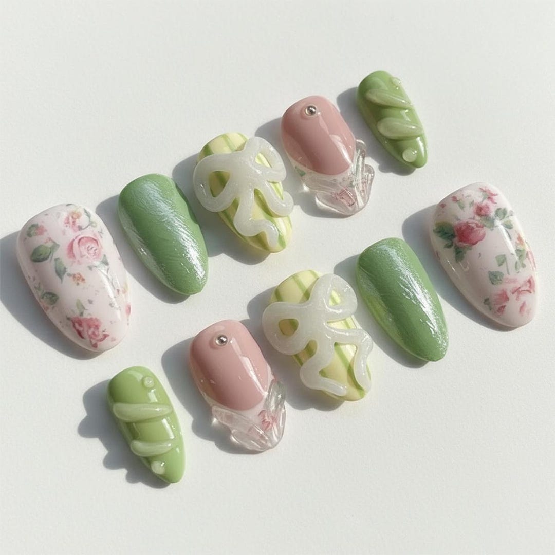 Cottagecore Floral Press on Nails, Pastel Bow Nail Art - Etsy