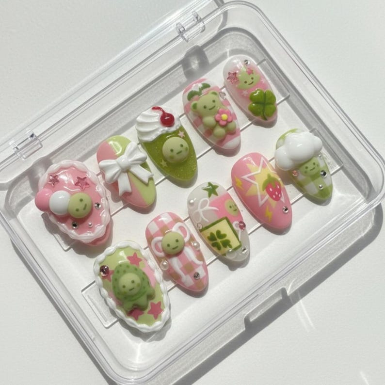 Kawaii Pastel Press on Nails | Cute 3D Jelly Character Nails With Bow ...