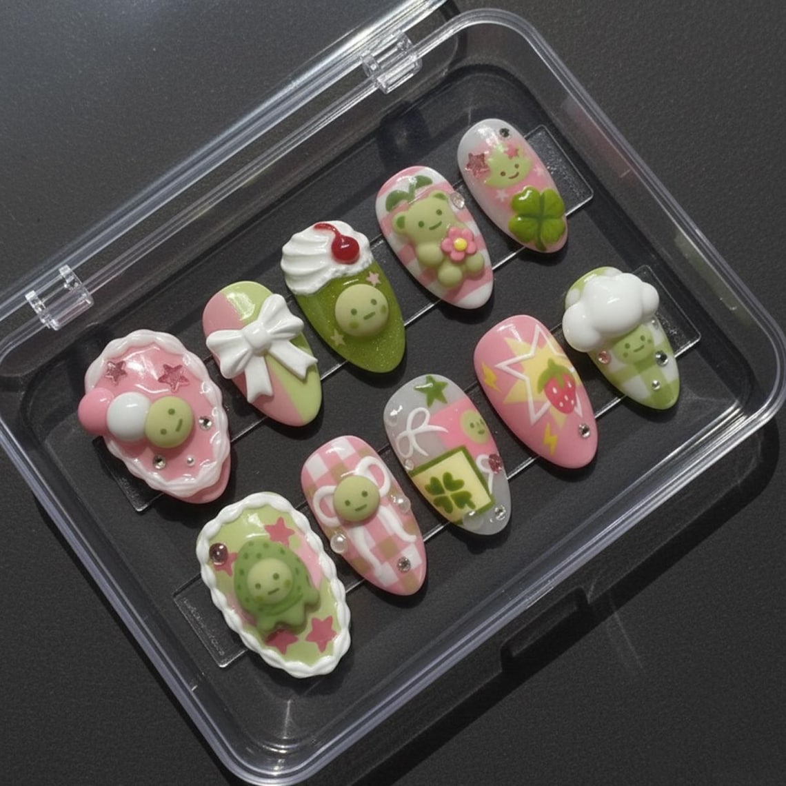 Kawaii Pastel Press on Nails | Cute 3D Jelly Character Nails With Bow ...